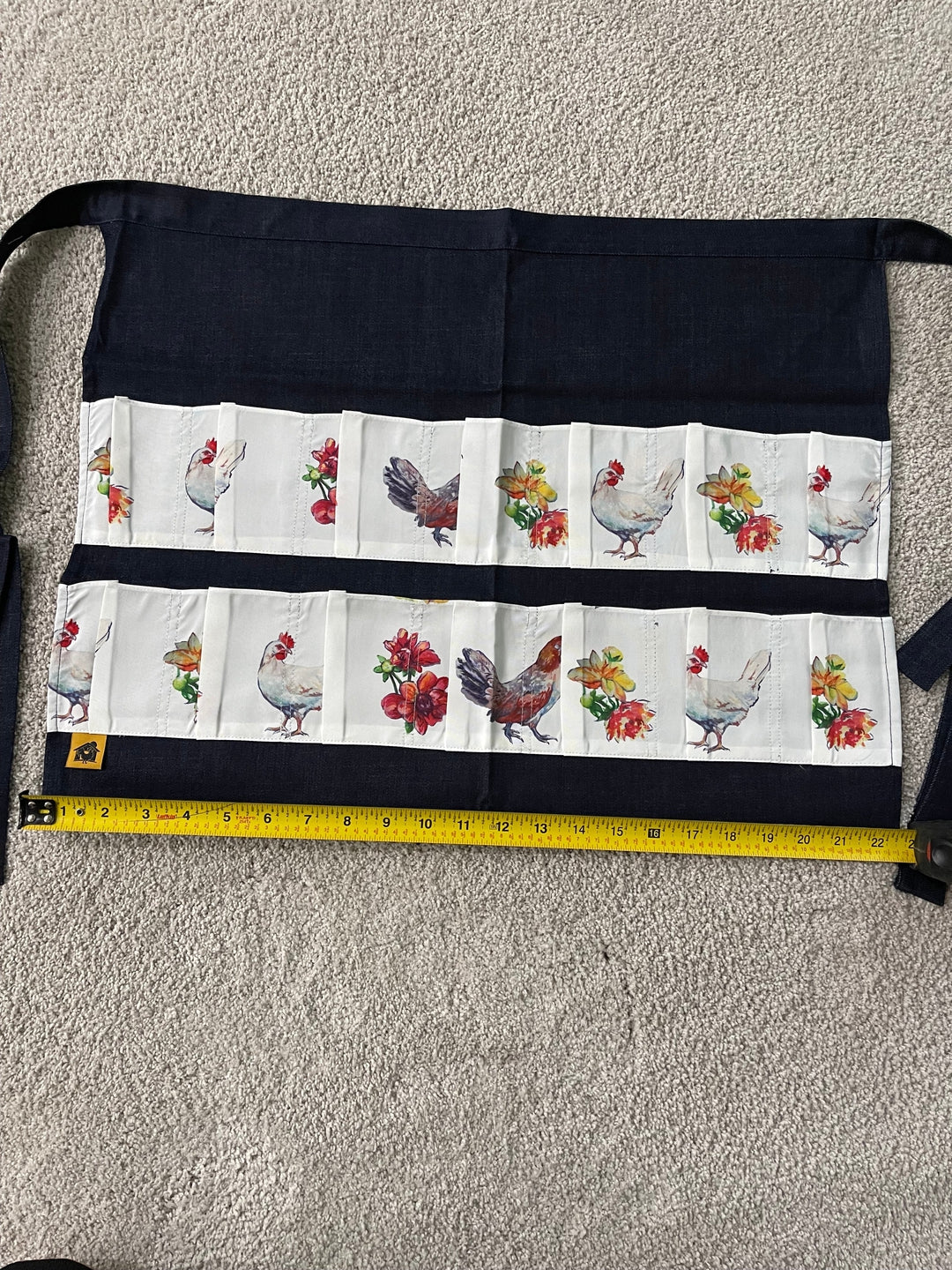 Navy Denim Egg Apron with Chicken Print Pockets - 14 Pockets Hand Sewn