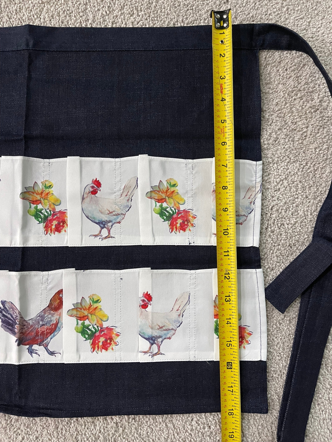 Navy Denim Egg Apron with Chicken Print Pockets - 14 Pockets Hand Sewn